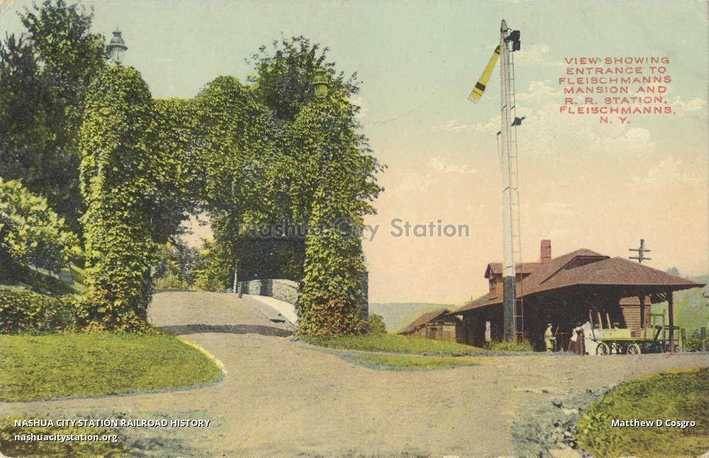 Postcard: View showing Entrance to Fleishmanns Mansion and Railroad ...