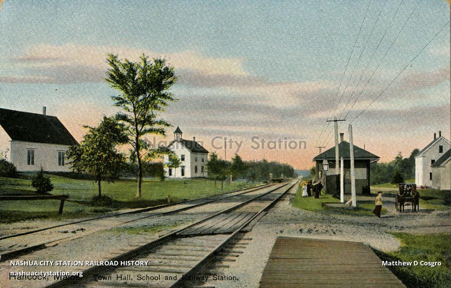 Postcard: Hancock, Maine. Town Hall, School and Railway Station ...